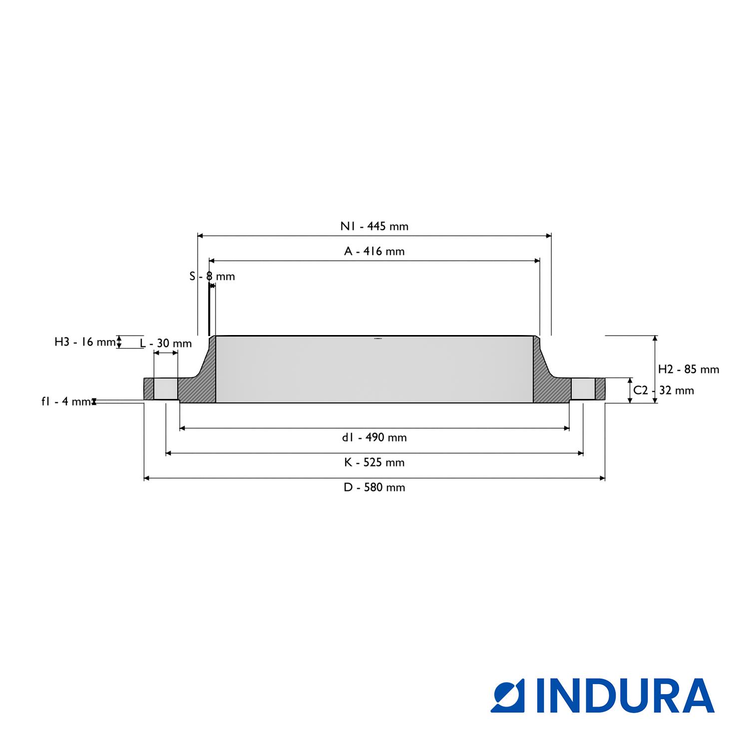 Weld-neck flange, EN 1092-1, T:11, PN16, DN400, AISI316L, INDURA