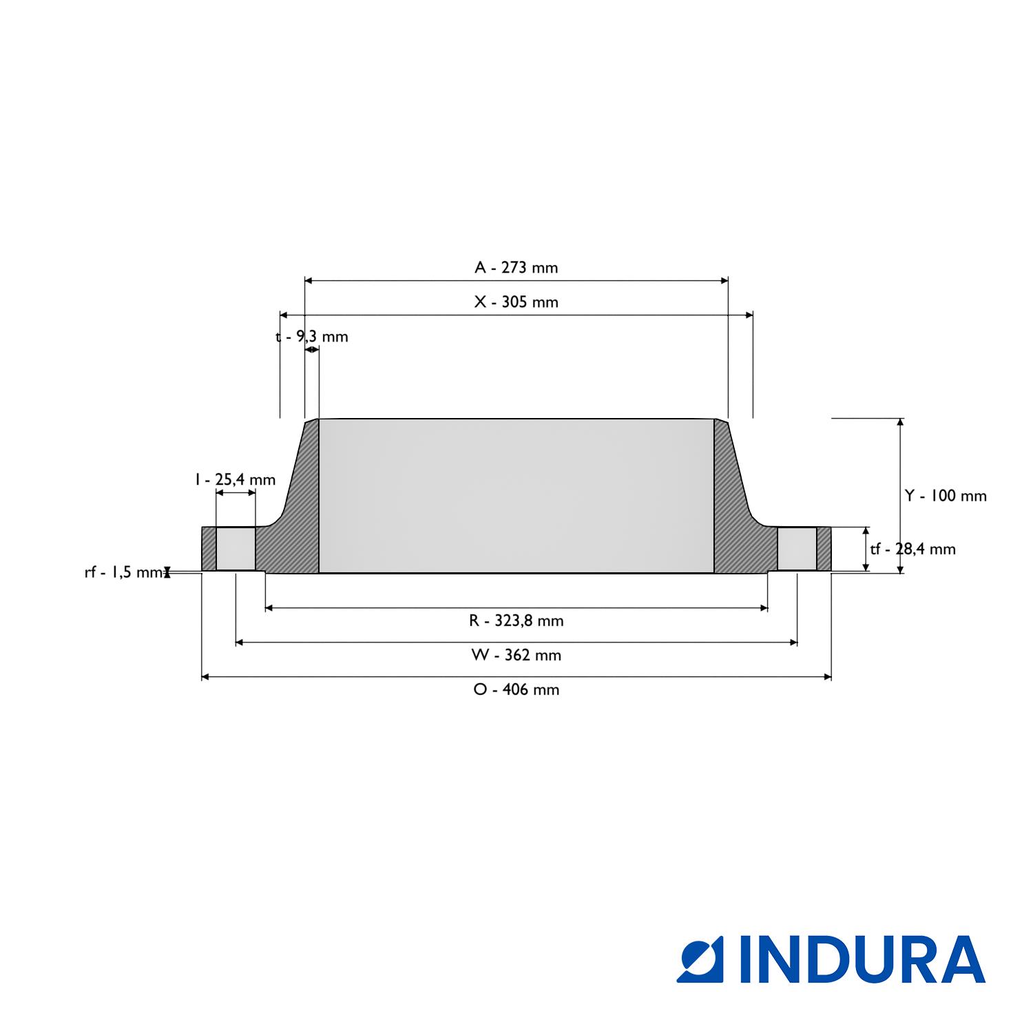 Welding neck flange, ASME B16.5, Sch. Std., 150 lbs, 10", AISI304L, INDURA